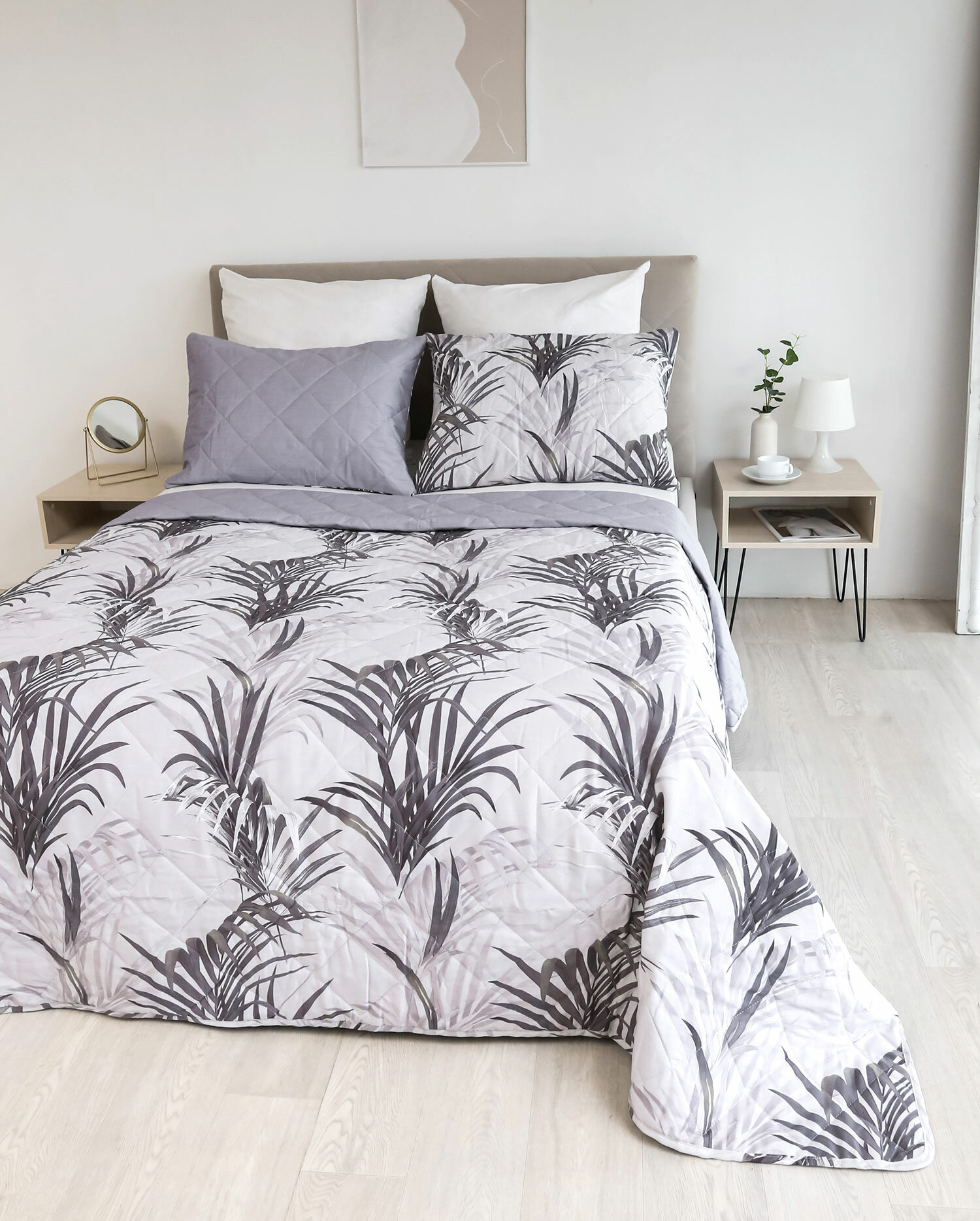 Двухстороннее сатиновое покрывало SB-010 Elintale (кремовый-серый), 200x215