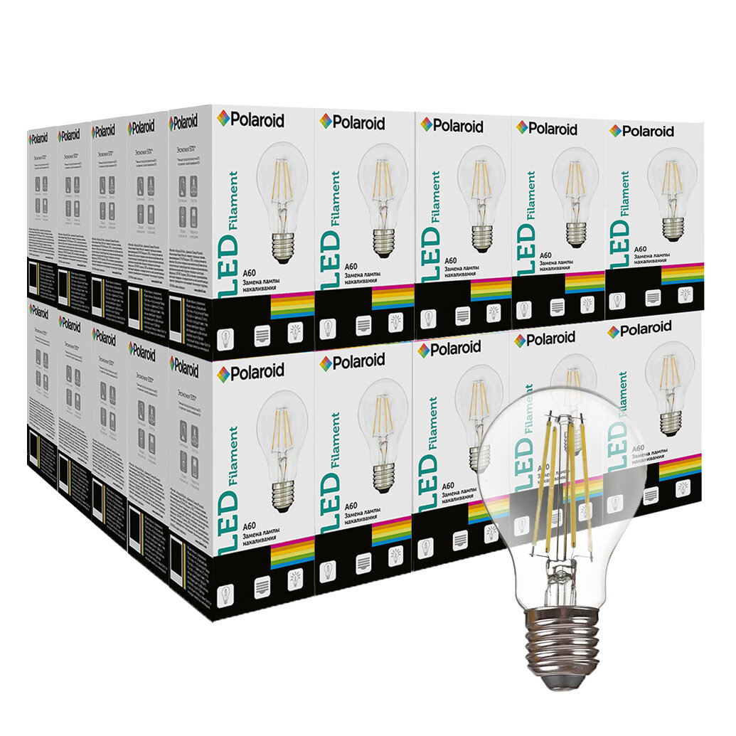 Филаментная светодиодная лампа Polaroid 220V FIL A60 7W 6500K E27 806lm (50 шт.)