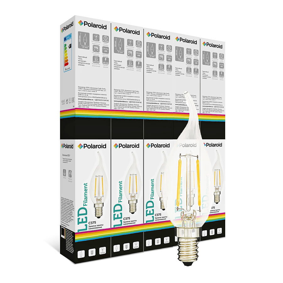 Филаментная светодиодная лампа Polaroid 220V C37S FIL 2,2W 4000K E14 250lm (10 шт.)