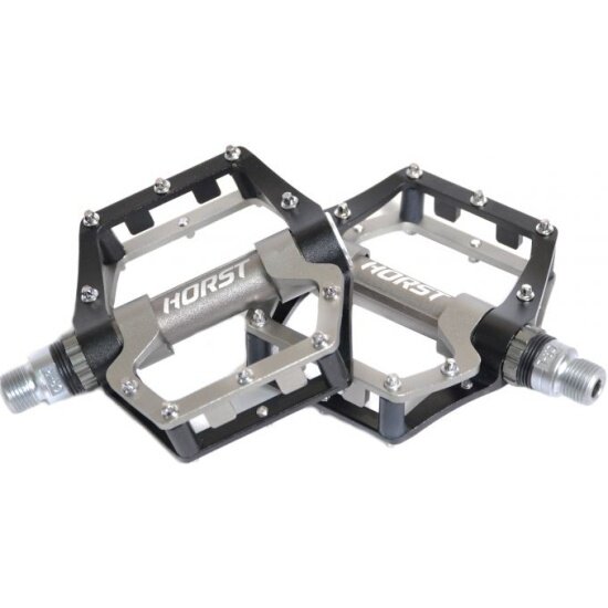 Педали Horst H18, алюминиевые, ось Cr-Mo с 2мя гер. промподш. смен. шип, двухкомп.385 г черно-серые, 00-170829