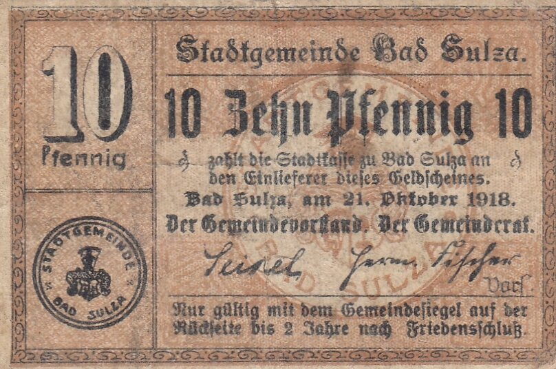 Германия (Германская Империя) Бад-Зульца 10 пфеннигов 1918 г.