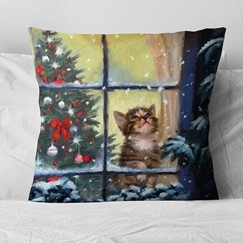 Чехол для подушки Котенок в ожидании новогоднего чуда велюр 40х40