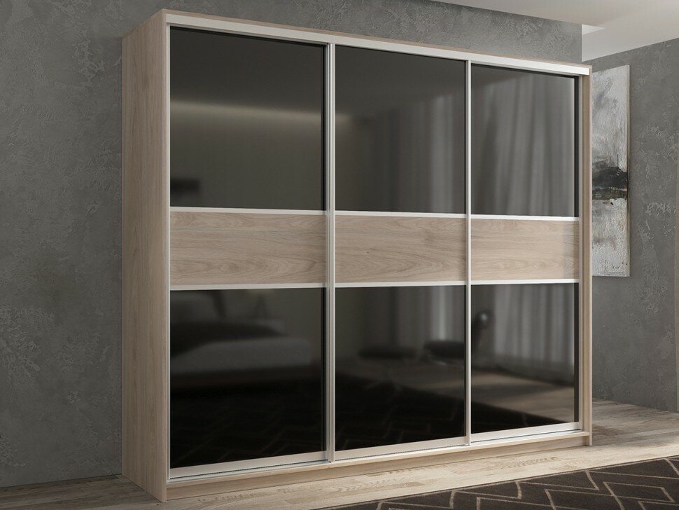 Шкаф купе Кастелло 3 Нью, Оракал черный, МФ-Купе, 220х45х220, платье/белье/платье, цвет ясень шимо светлый