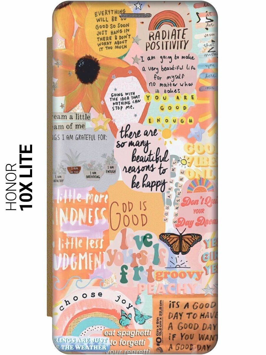 Чехол-книжка на Honor 10x Lite, Хонор 10Х Лайт c принтом "Милые стикеры" золотистый