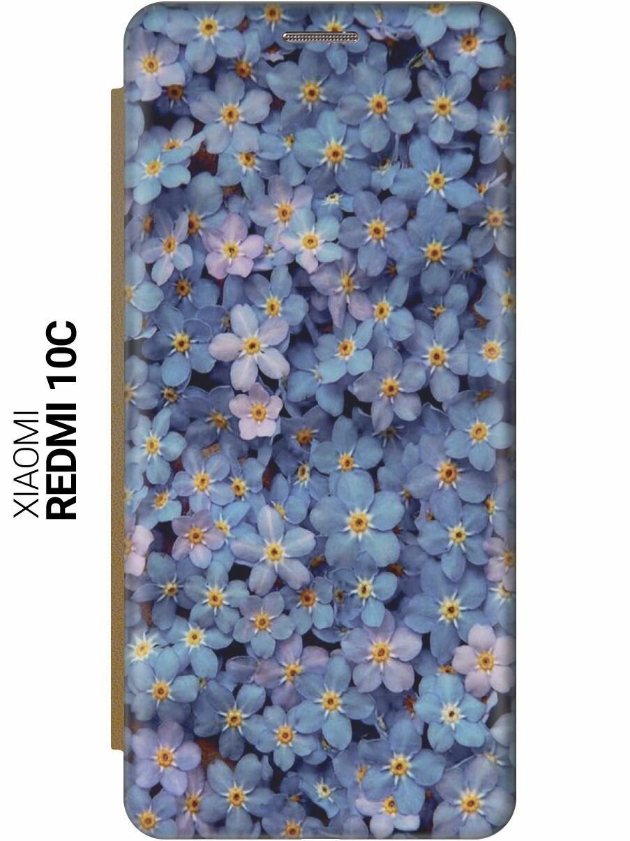 Чехол-книжка на Xiaomi Redmi 10C, Сяоми Редми 10С c принтом "Голубые фиалки" золотистый