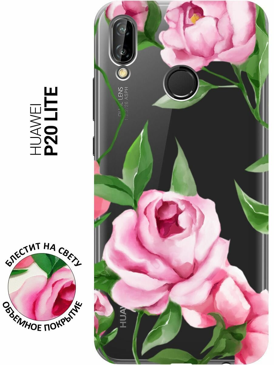 Силиконовый чехол на Huawei P20 Lite, Nova 3e, Хуавей П20 Лайт, Нова 3Е с 3D принтом "Amazing Peonies" прозрачный