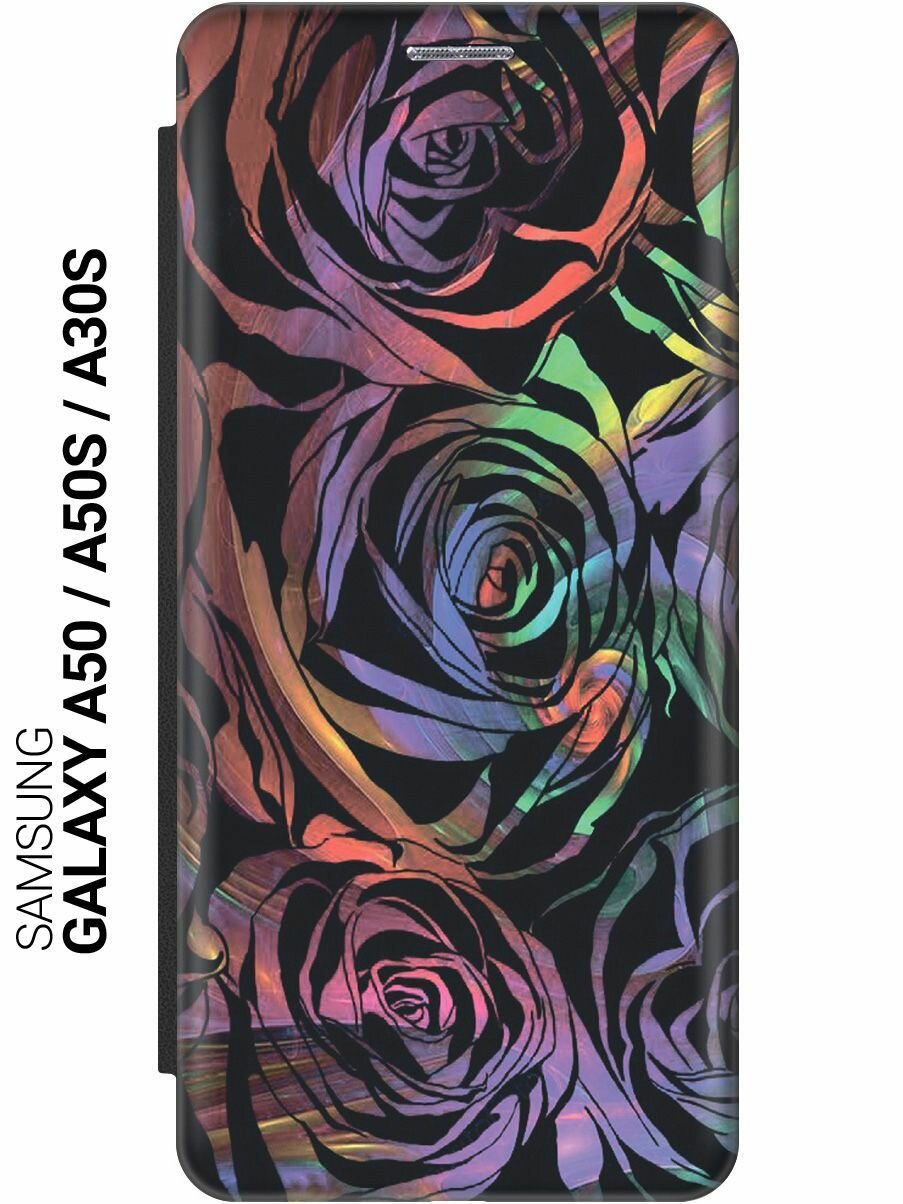 Чехол-книжка на Samsung Galaxy A50, A50s, A30s, Самсунг А50, А30с, А50с c принтом "Мрачные розы" черный