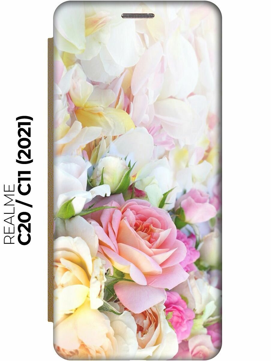 Чехол-книжка Нежные розы на realme C20 / C11 (2021) / Рилми С20 / С11 (2021) золотой
