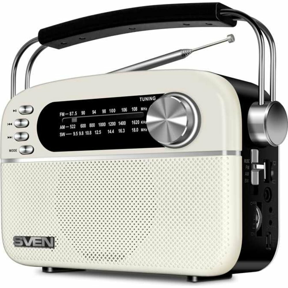 SVEN АС SRP-505, белый (3 Вт, Bluetooth, FM/AM/SW, USB, microSD, AUX, встроенный аккумулятор) SV-020439