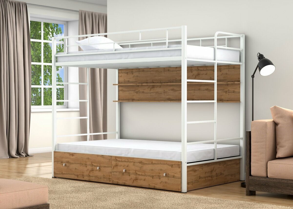 Двухъярусная кровать Валенсия 120 Твист Белый ящики полка дуб крафт табак