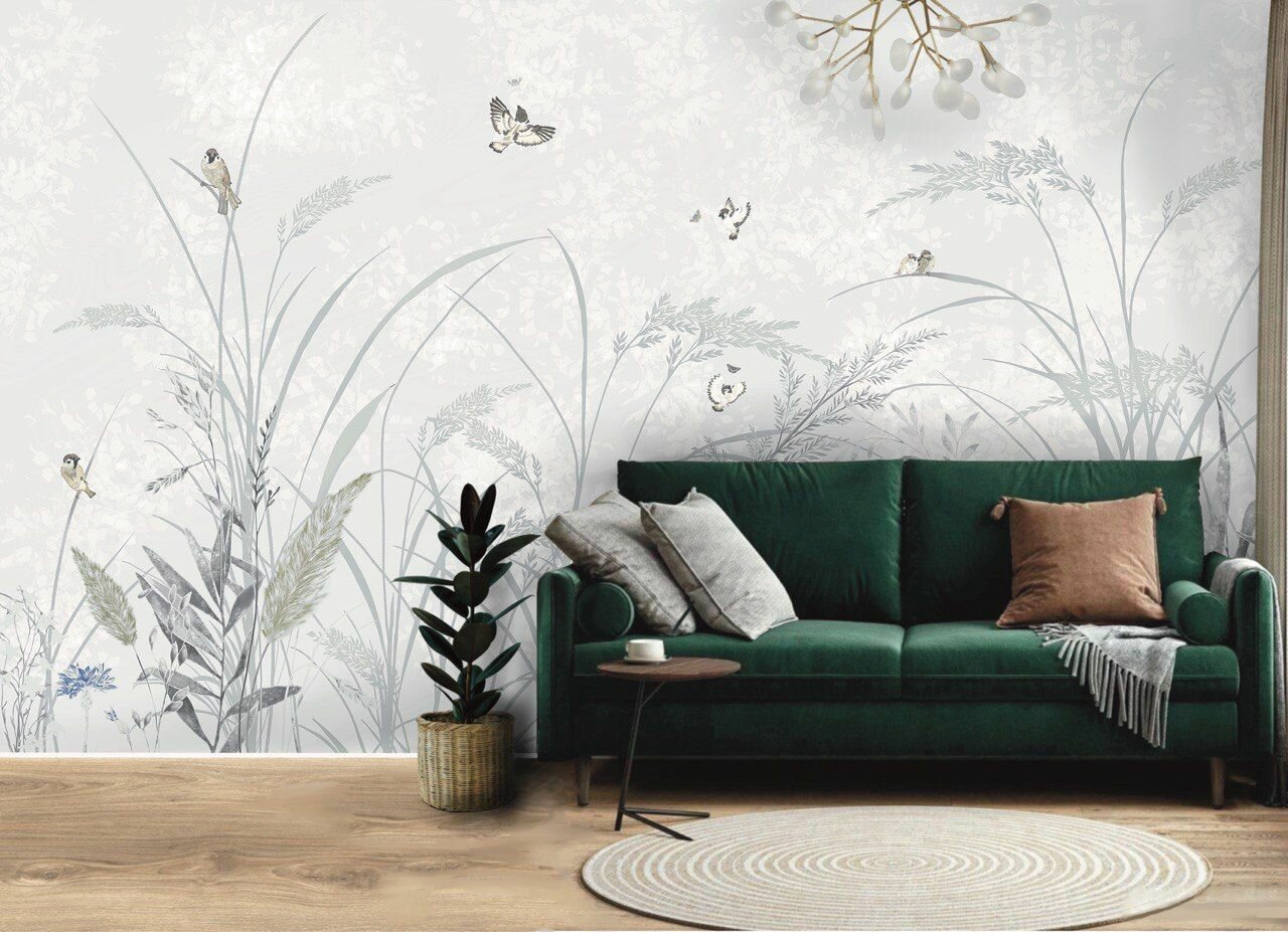 Фреска бесшовная Летний сад воробьи светло-серый текстура листья (ширина 2550мм х длина 4500мм)