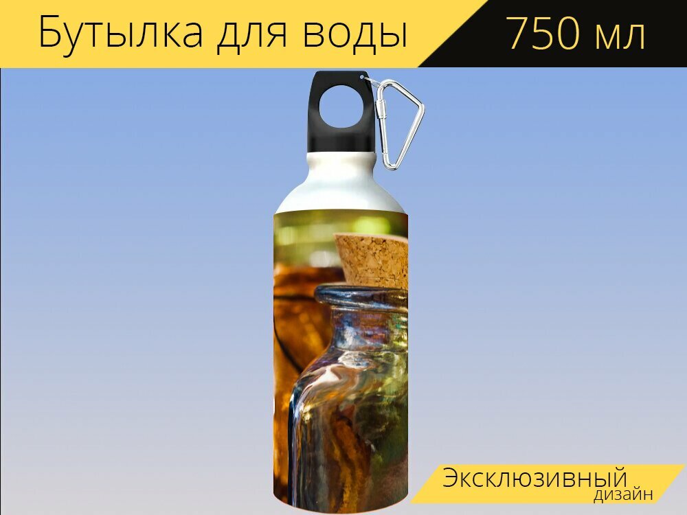 Бутылка фляга для воды "Стеклянные банки, контейнеры, огни" 750 мл. с карабином и принтом