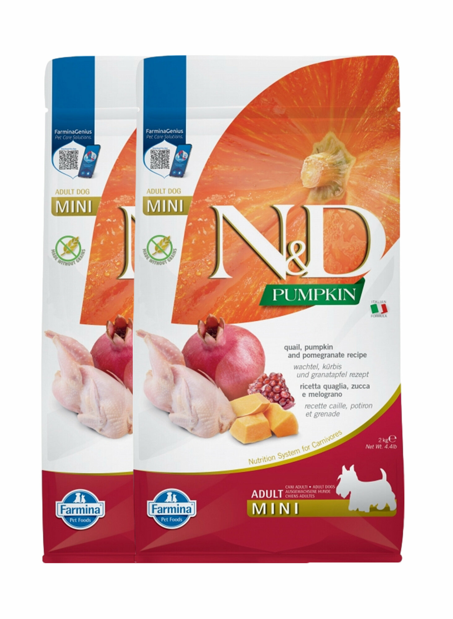 N&D dog перепел, гранат и тыква для взрослых собак mini 2 кг х 2 шт.
