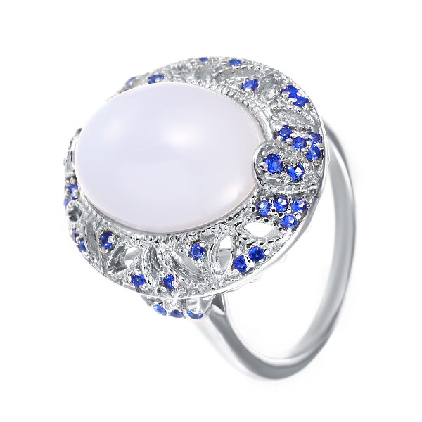 Кольцо, серебро, 925 проба, фианит, халцедон