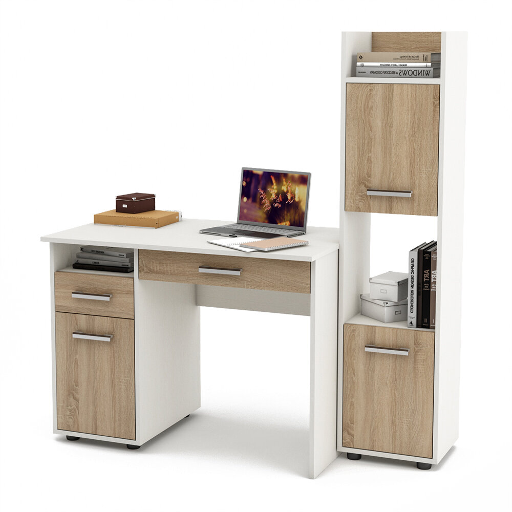 Стол письменный, компьютерный и стеллаж с тумбой №2 ЯС,145,3х135х60 см, белый/дуб сонома
