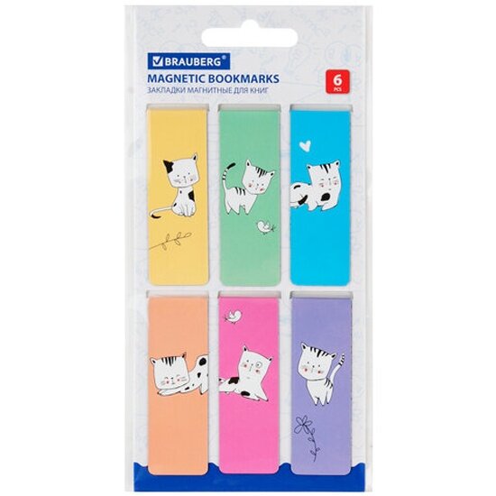 Закладки для книг Brauberg магнитные, "CATS", набор 6 шт, 60x20 мм, , 113159