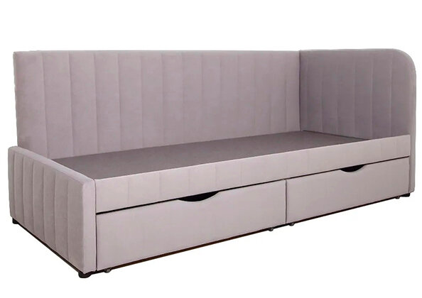 Угловая односпальная кровать София 90х200 см, кровать с бельевыми ящиками, велюр, серый