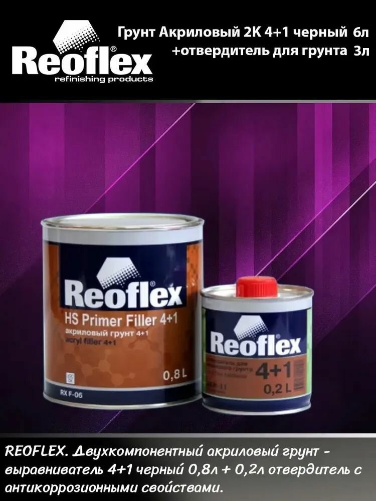 Reoflex Грунт Акриловый 2K 4+1 черный 4,8 л + отвердитель для грунта 1,2л Автогрунтовка