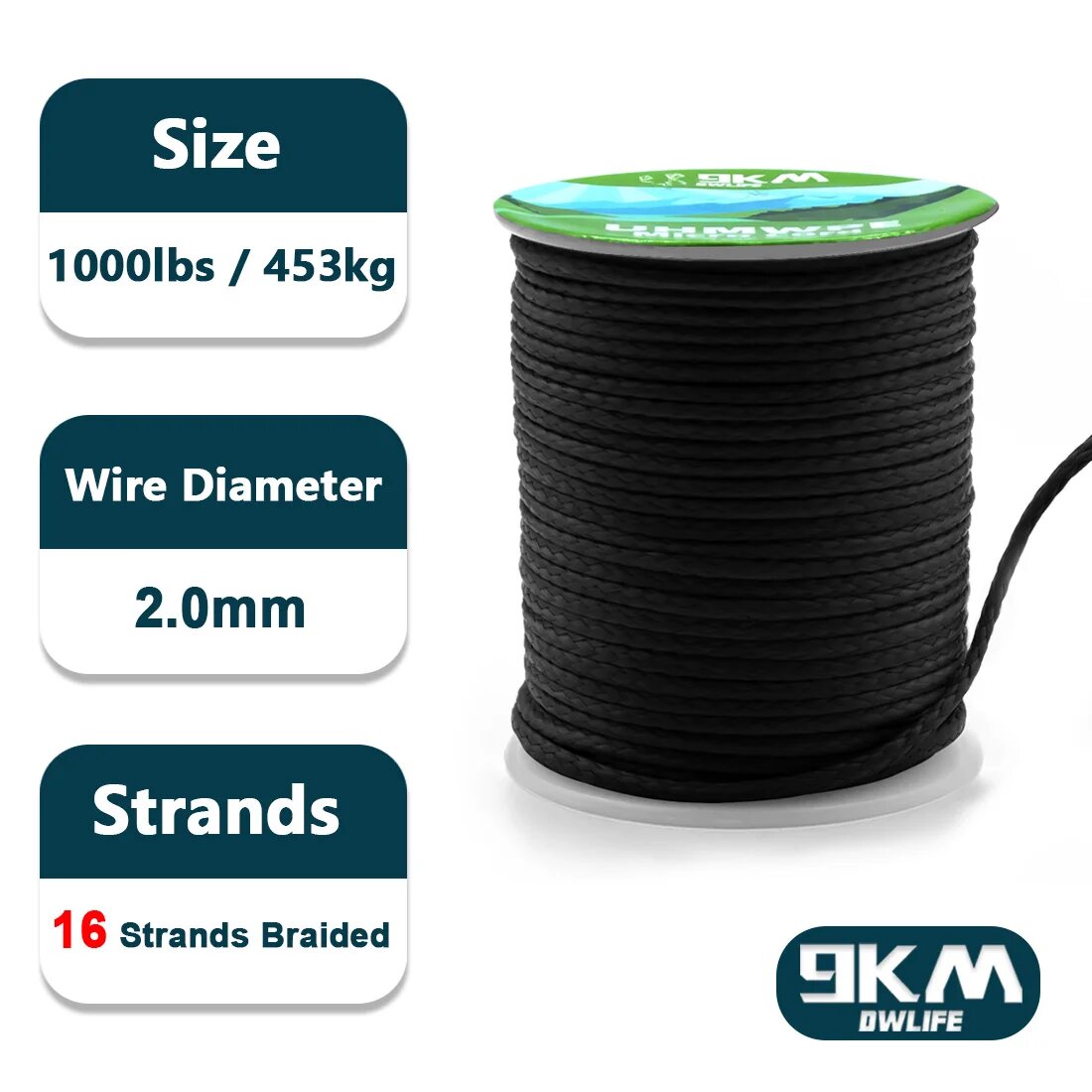 Черный UHMWPE шнур 9KM DWLIFE 2 мм, 1000lbs, 15m