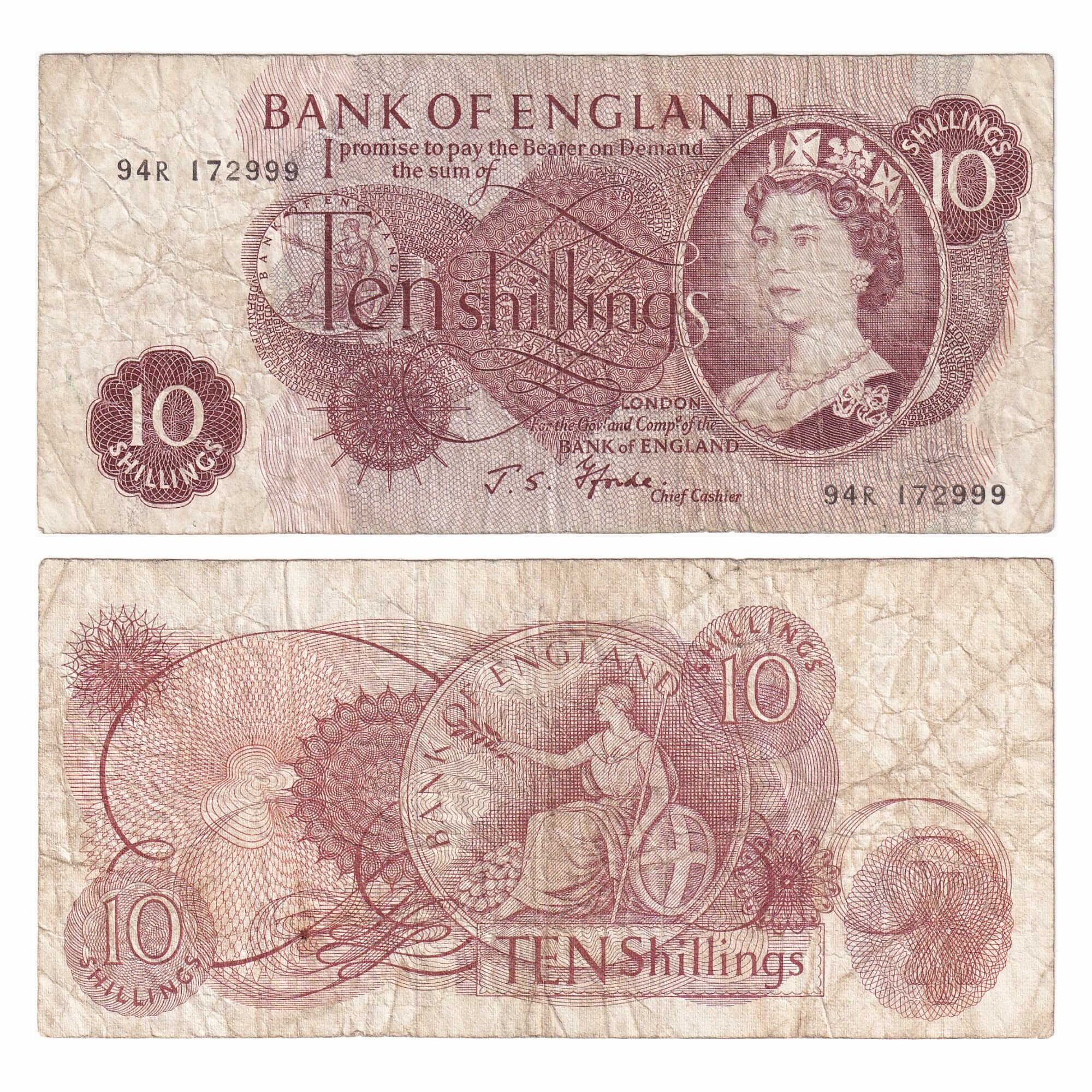 Банкнота Великобритания 10 шиллингов TEN SHILLINGS 1966-1970 Very Good (VG) Pick 373