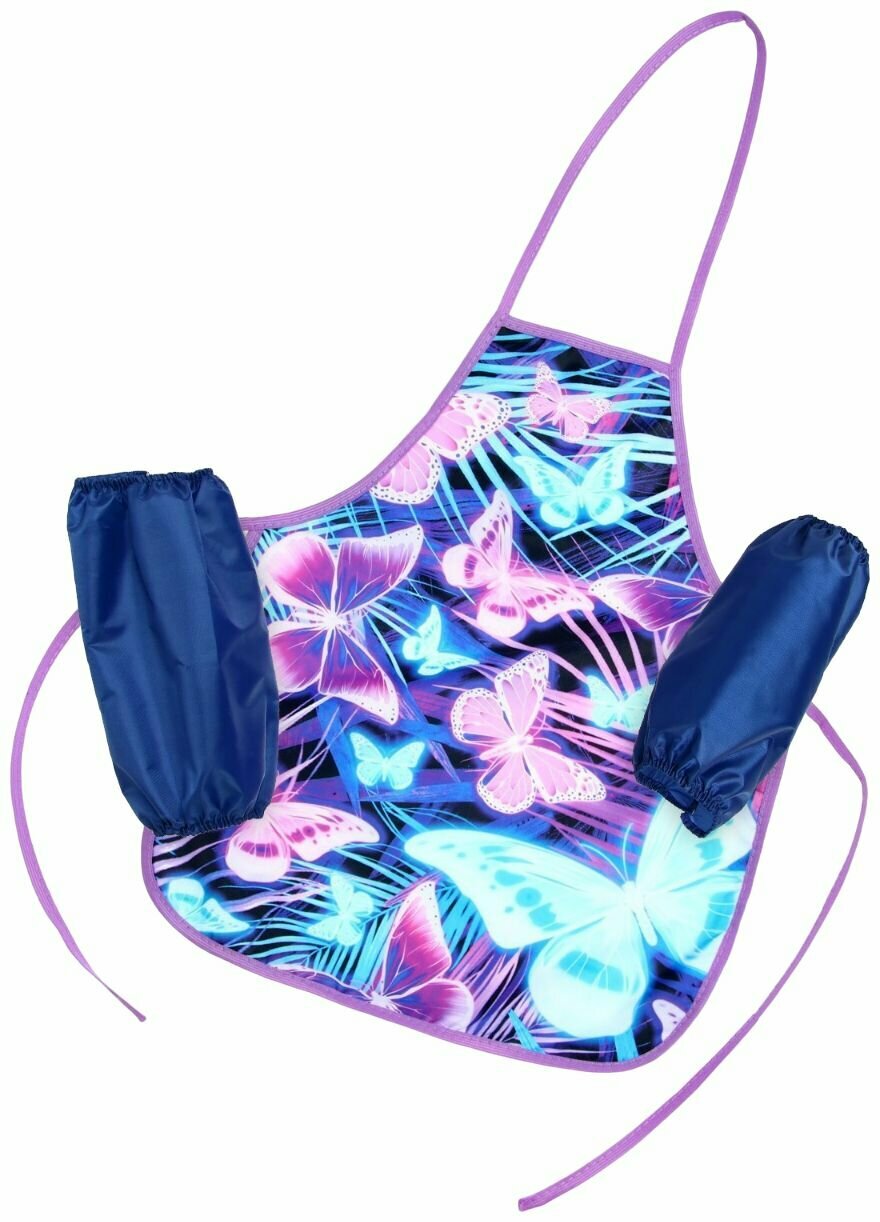 Детский фартук для творчества "Бабочки" с нарукавниками, накидка для труда, передник для рисования и лепки, 48,5х39,5 см, рост 116-146 см