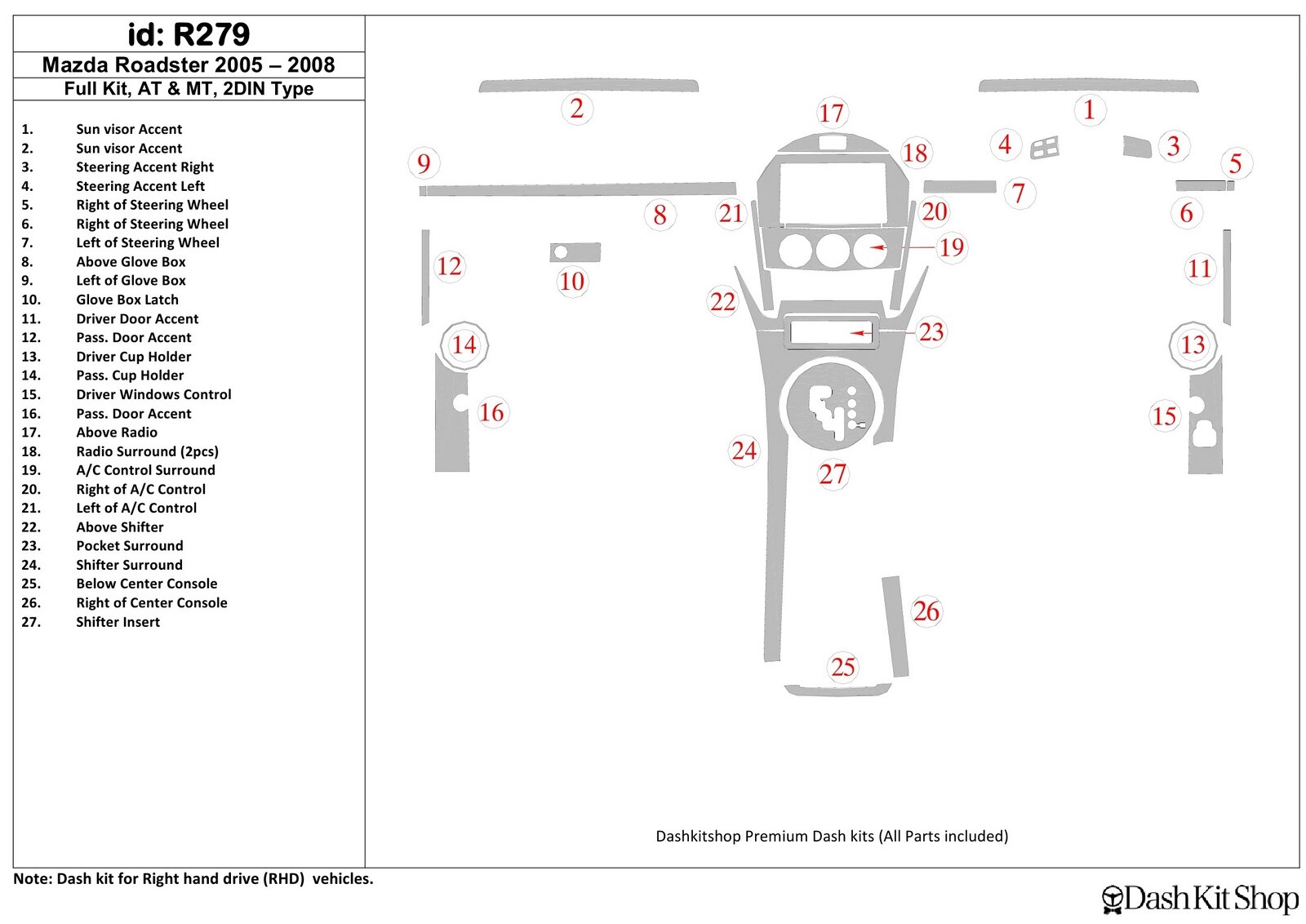 Накладки салона под дерево, карбон, алюминий для Mazda Roadster 2005-2008. Комплект R279.