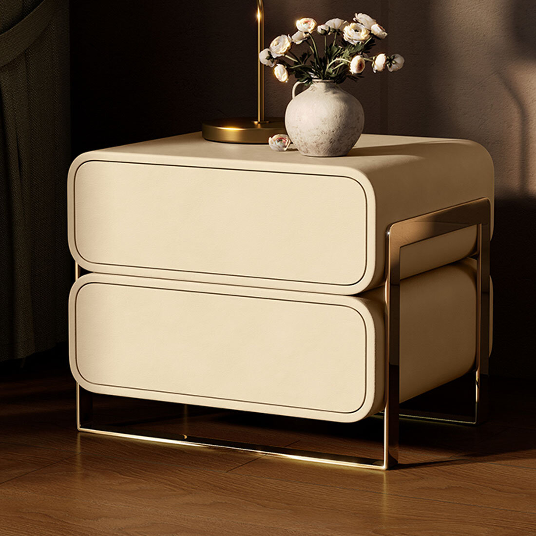 Кожаная прикроватная тумбочка в итальянском стиле Lucia (без подсветки, бежевый)