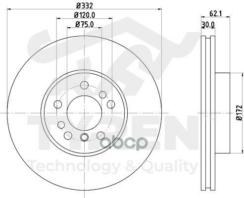 Диск тормозной, передний BMW X3 (E83) 06>, X5 (E53) 00> TYREN арт. TYR1010631