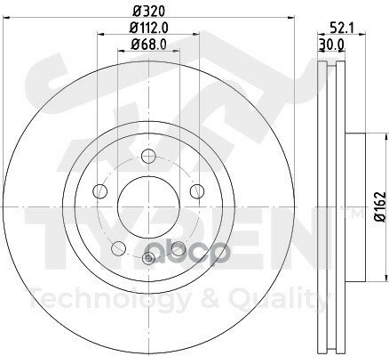 Диск тормозной Audi A4 (B8) 07>, A5 (8T) 07>, A6 (C7) 10>, A7 (4G) 10>, Q5 (8R) 08> TYREN арт. TYR1023431