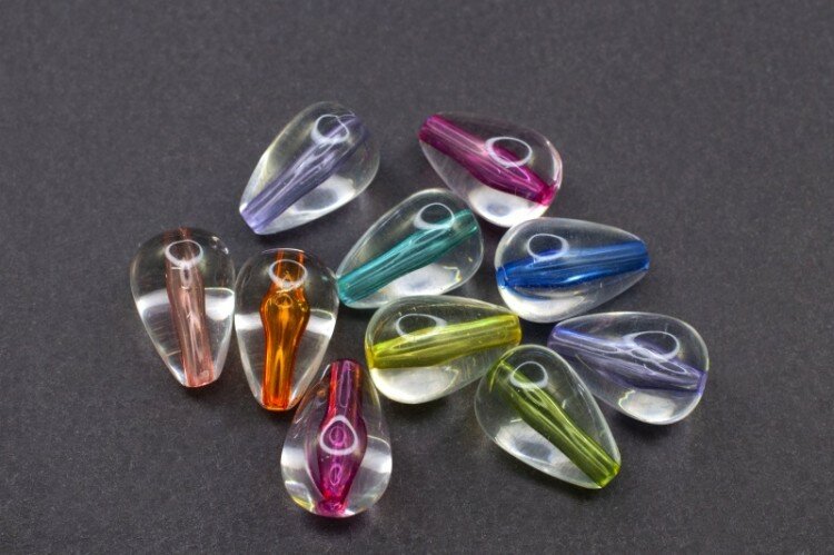 Бусины акриловые Капля, 14,5х9,5 мм, отверстие 1,6 мм, прозрачная с цветной серединой 540-353, 10шт