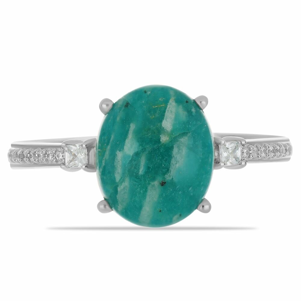 Кольцо, серебро, 925 проба, родирование, амазонит, фианит