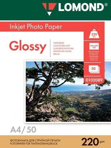 102089 / Фотобумага Lomond A4, для струйной печати, 50л, 220г/м2, белый, покрытие глянцевое /глянцев