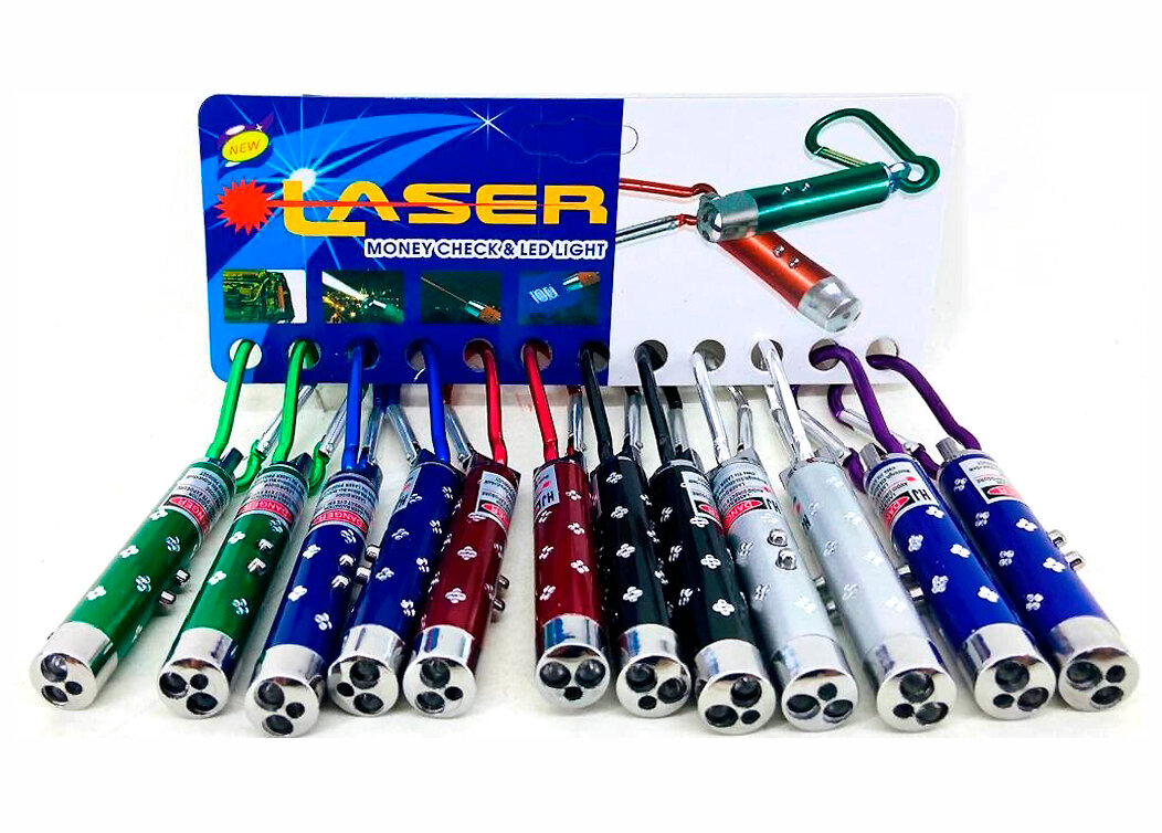 Фонарик + красный лазер + UV подсветка для проверки купюр 7см, на карабине
