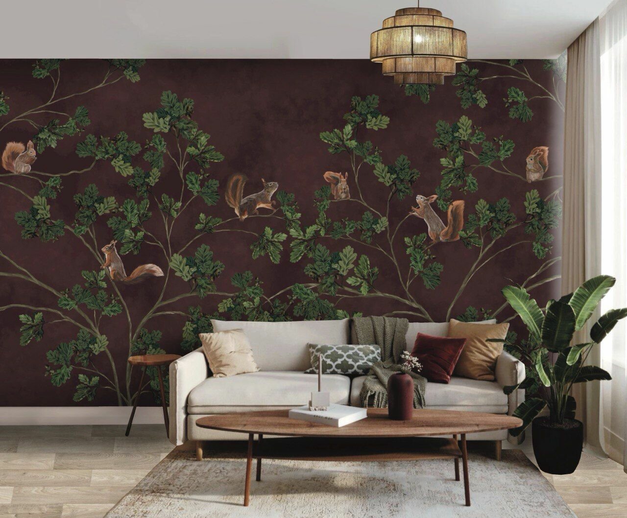 Обои бесшовные "Белочки" бордовый (ширина 2550мм х длина 3000мм)