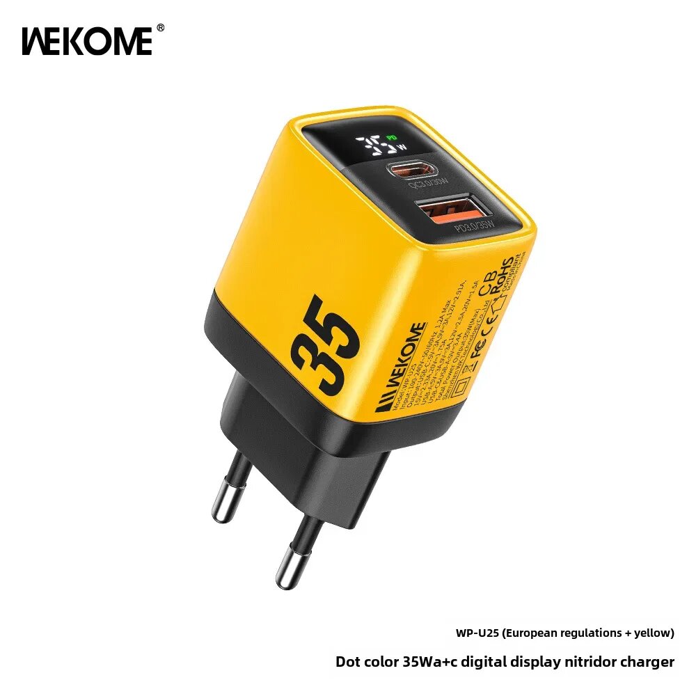 Зарядное устройство Wekome WP-U25, 2 разъема, USB Type-A/C 35W Yellow (без кабеля)