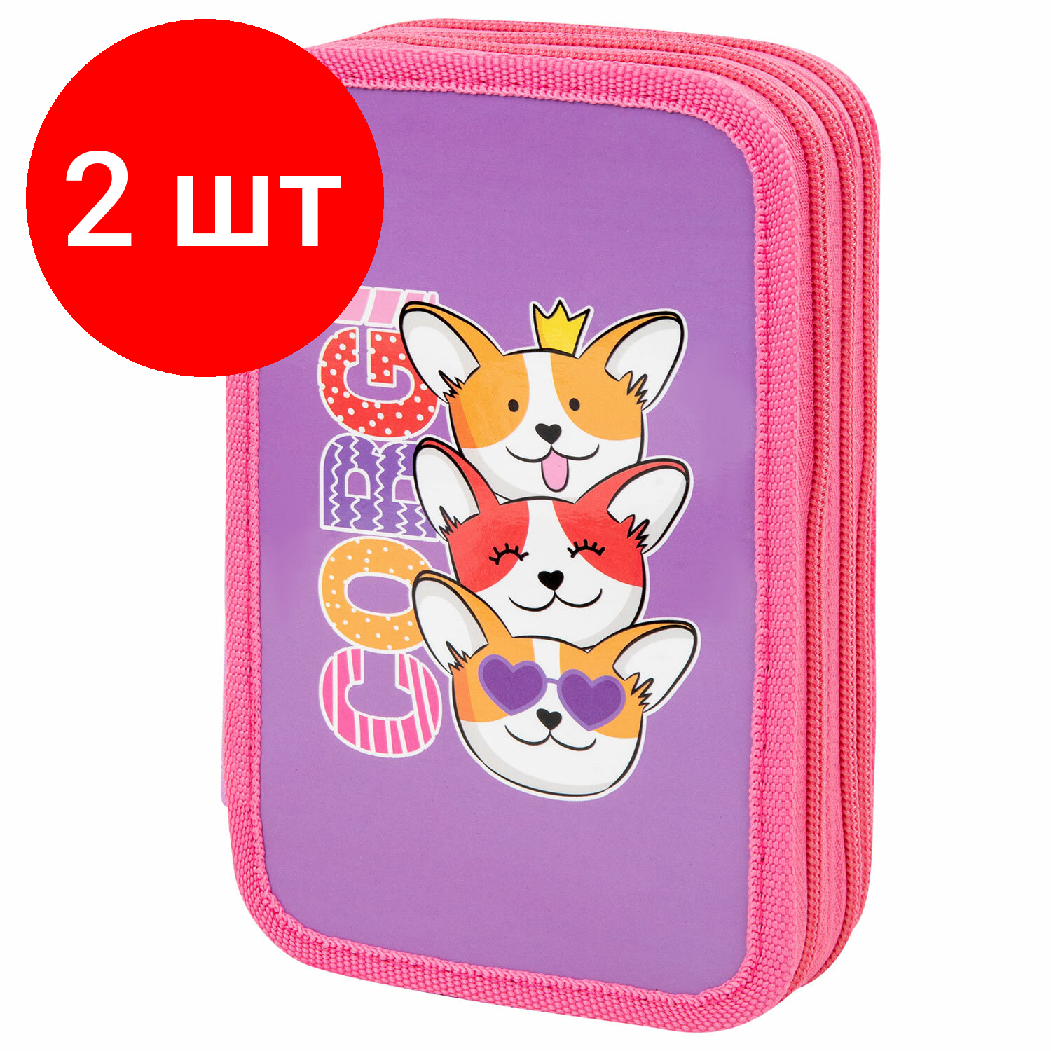 Комплект 2 шт, Пенал пифагор, 3 отделения, ламинированный картон, 19х11 см, "Corgi queen", 272250