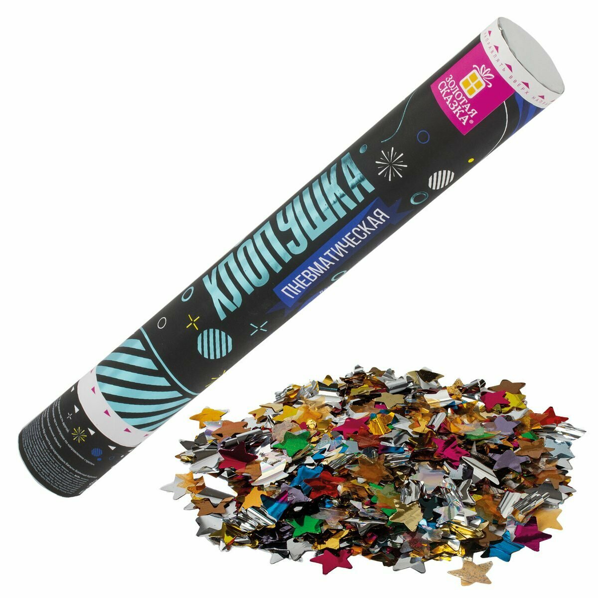 Хлопушка пневматическая Золотая Сказка 40см, фольга, звезды (591480), 12шт.