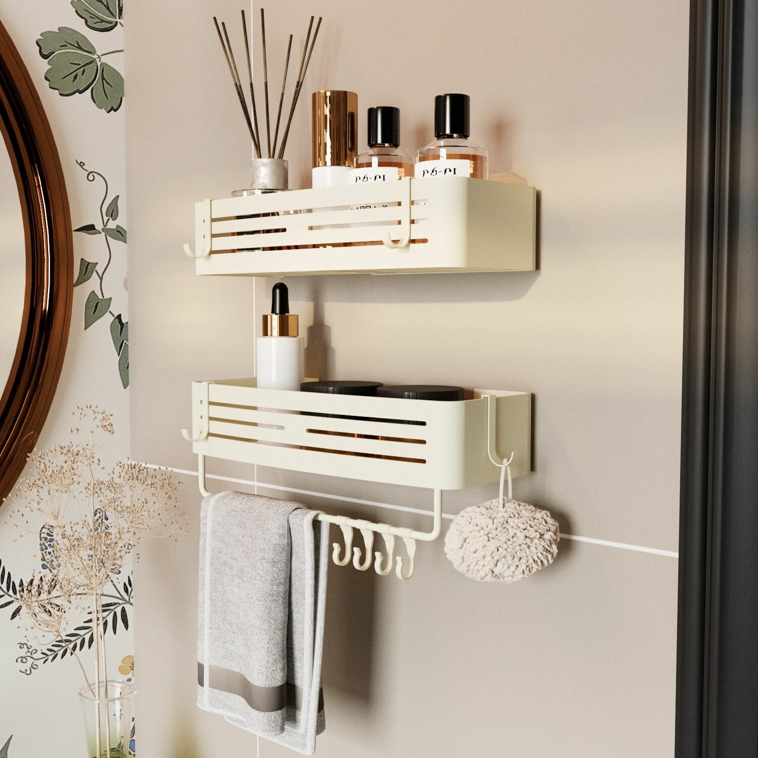 2 шт перегородка для ванной комнаты,2-х ярусная самоклеющаяся полка настенная,8 шт крючки для ванной держатель для полотенец Молочно-белый