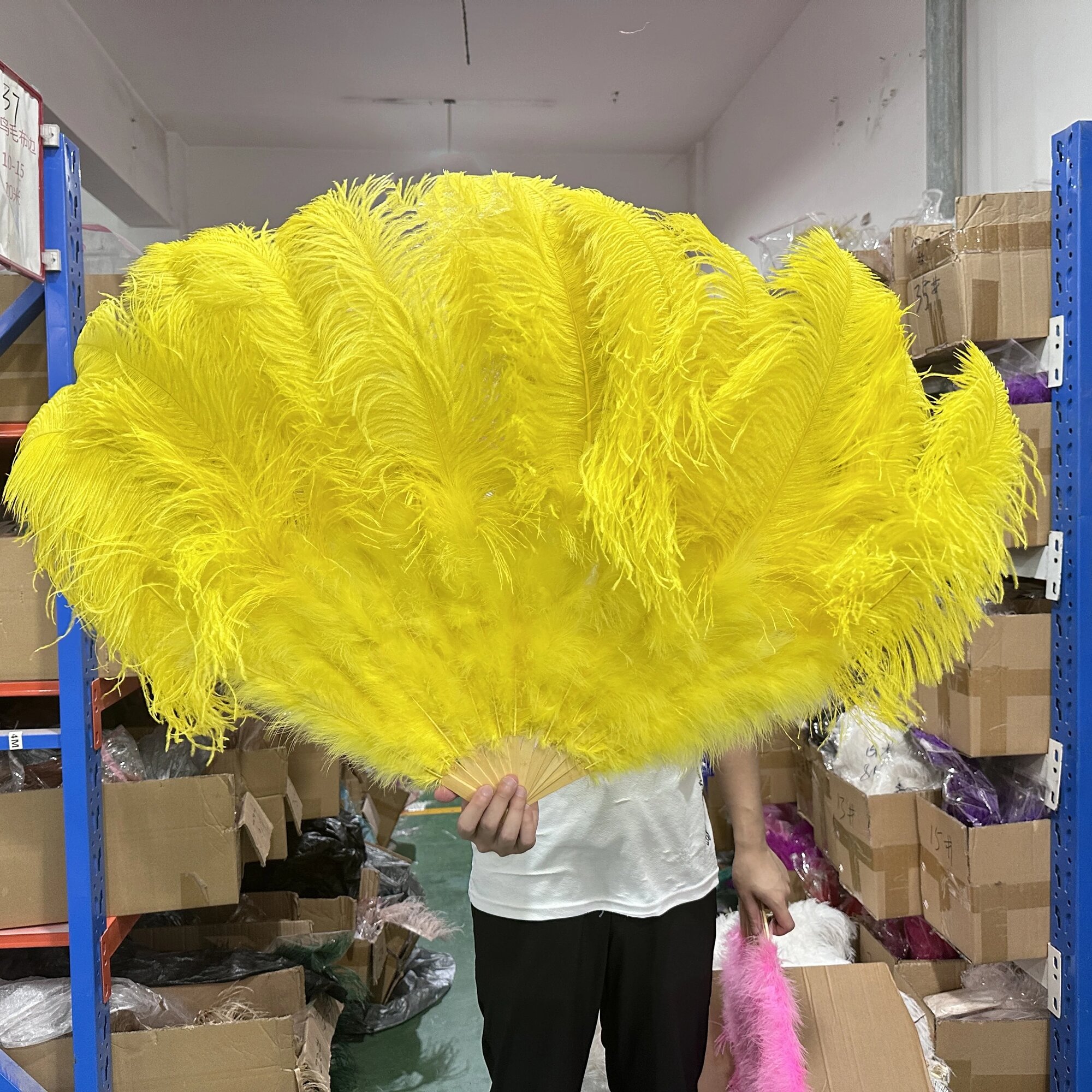 Складные розовые веера из страусиных перьев Желтый, Yellow, 100CM 1PCS Right
