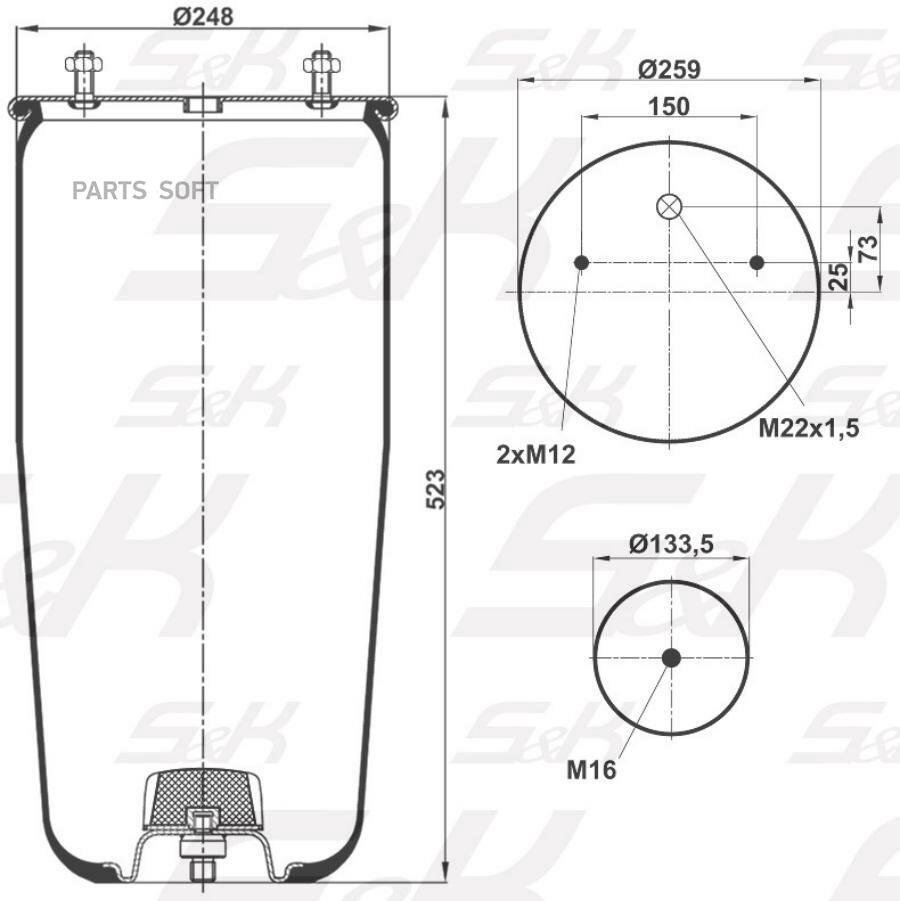 SK941P01PL S&K "Premium Line" Пневморессора без поршня [Верх: 1*M22, 2*M12 | Низ: 1*М16] [Гарантия 3 года]