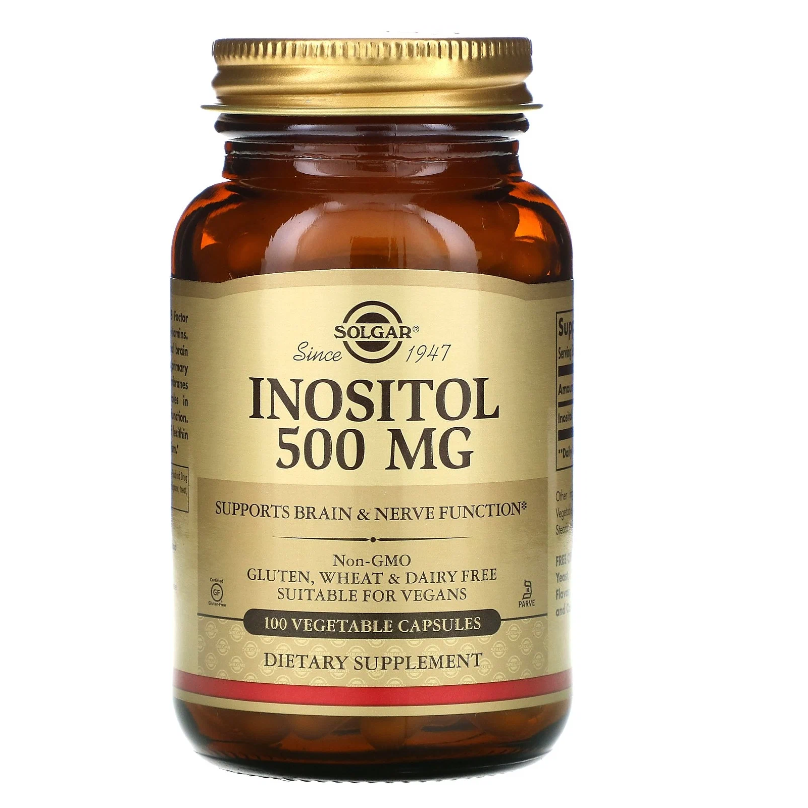 Solgar, Inositol, Инозитол для нервной системы и мозга в капсулах, 500 мг, 100 шт.