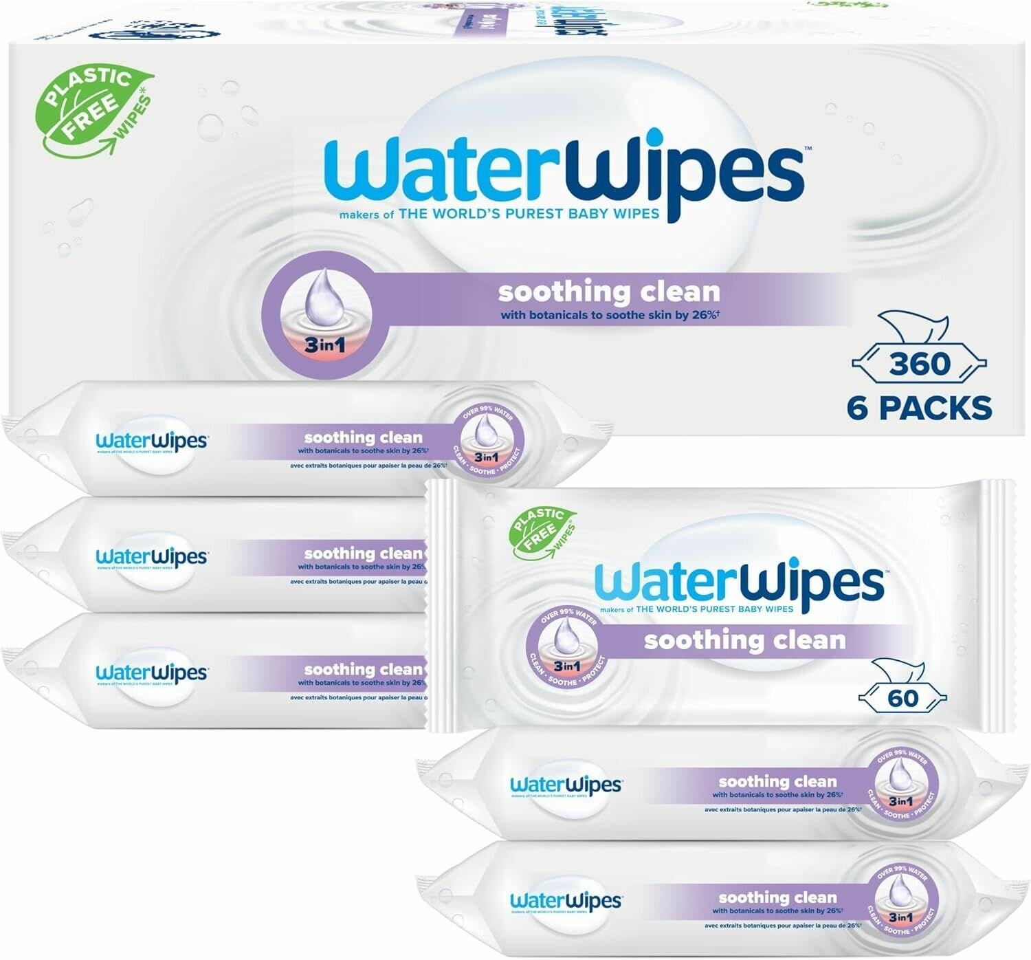 Салфетки WaterWipes Soothing Clean - Успокаивающие салфетки 360 шт (6 упаковок по 60 штук)