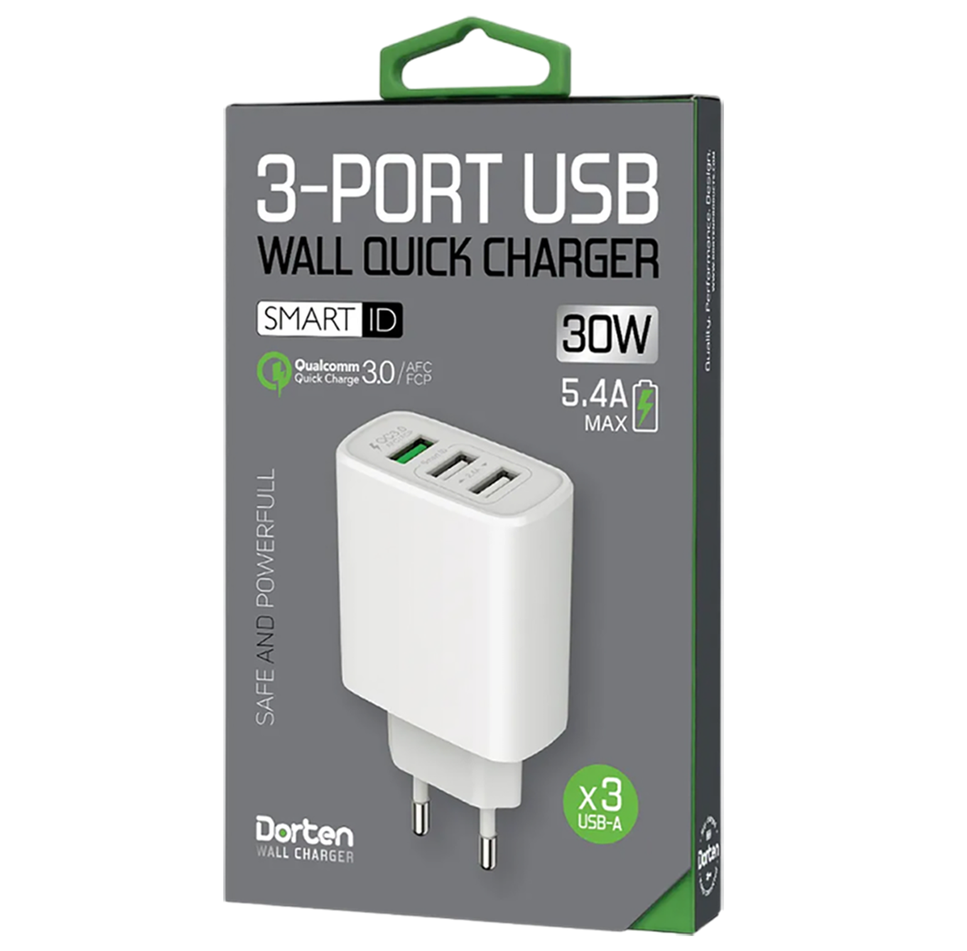 Сетевое зарядное устройство Dorten 3-Port USB Smart ID 30W Wall Quick Charger: QC3.0+2.4A White