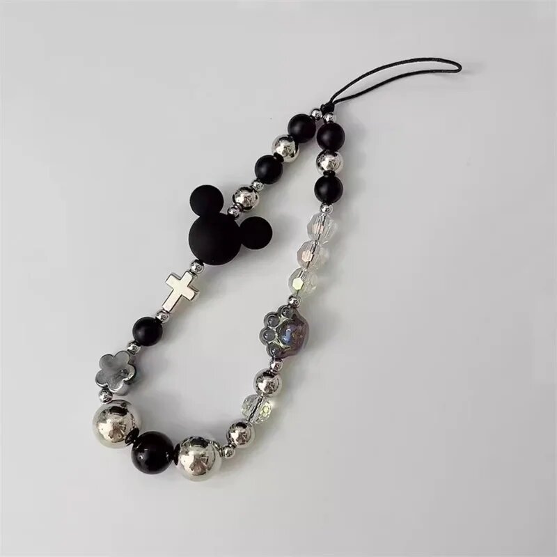 Браслет для мобильного телефона с Микки Диснеем, ремешок для iPhone, Samsung, Huawei, Xiaomi, чехол с черной бусиной, анти-потерянный ремешок на запястье, сумки, брелок