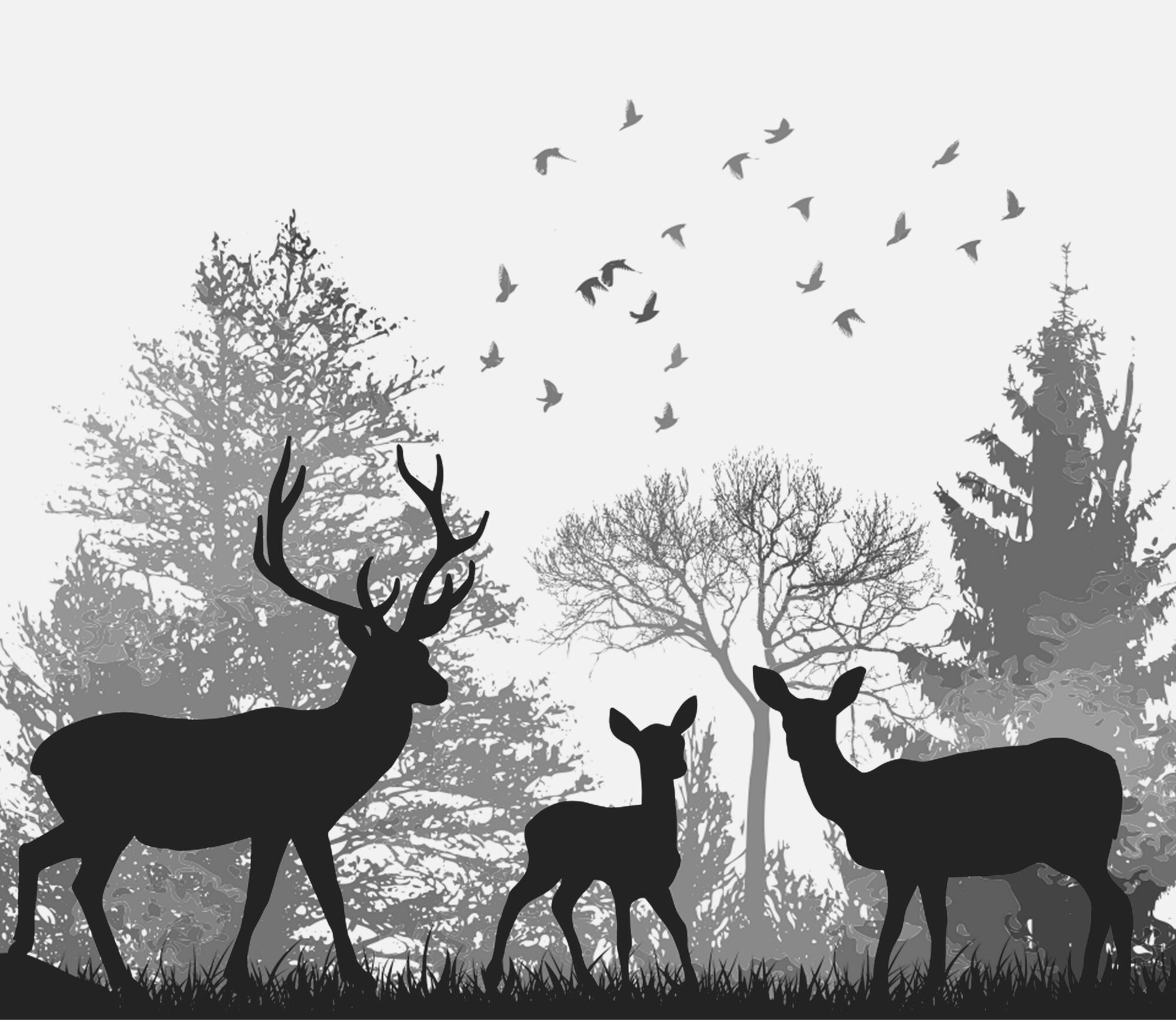 Фотообои на стену антивандальные 300х250см Олени в туманном лесу винил на флизелине