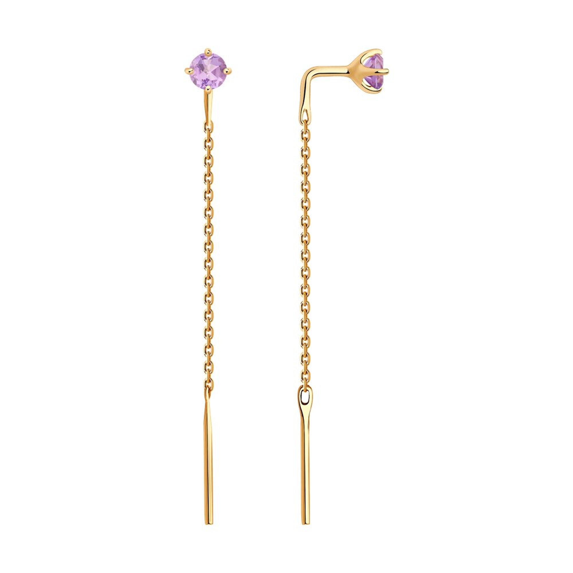 Серьги цепочки, красное золото, 585 проба, аметист