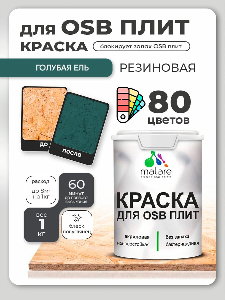 Резиновая краска для ОСБ плит Malare акриловая краска для дерева для наружных и внутренних работ, быстросохнущая без запаха полуглянцевая, голубая ель, 1 кг