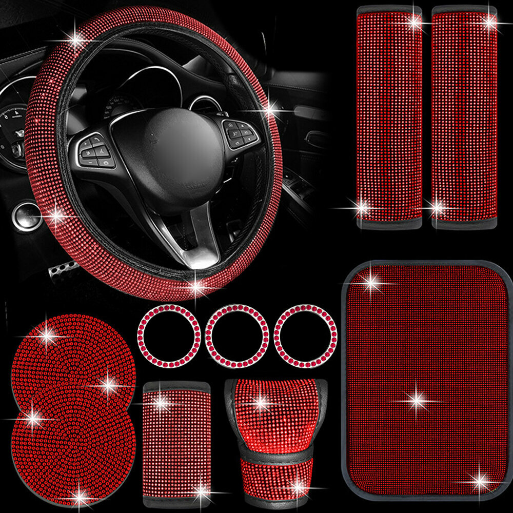 11-предметный набор автомобильных аксессуаров: стразы на руль, блестящая накладка на рычаг КПП, чехол на ручной тормоз, накладка на ремень безопасности, декоративные кольца для кнопки старта, подстаканники, подлокотник для украшения салона автомобиля