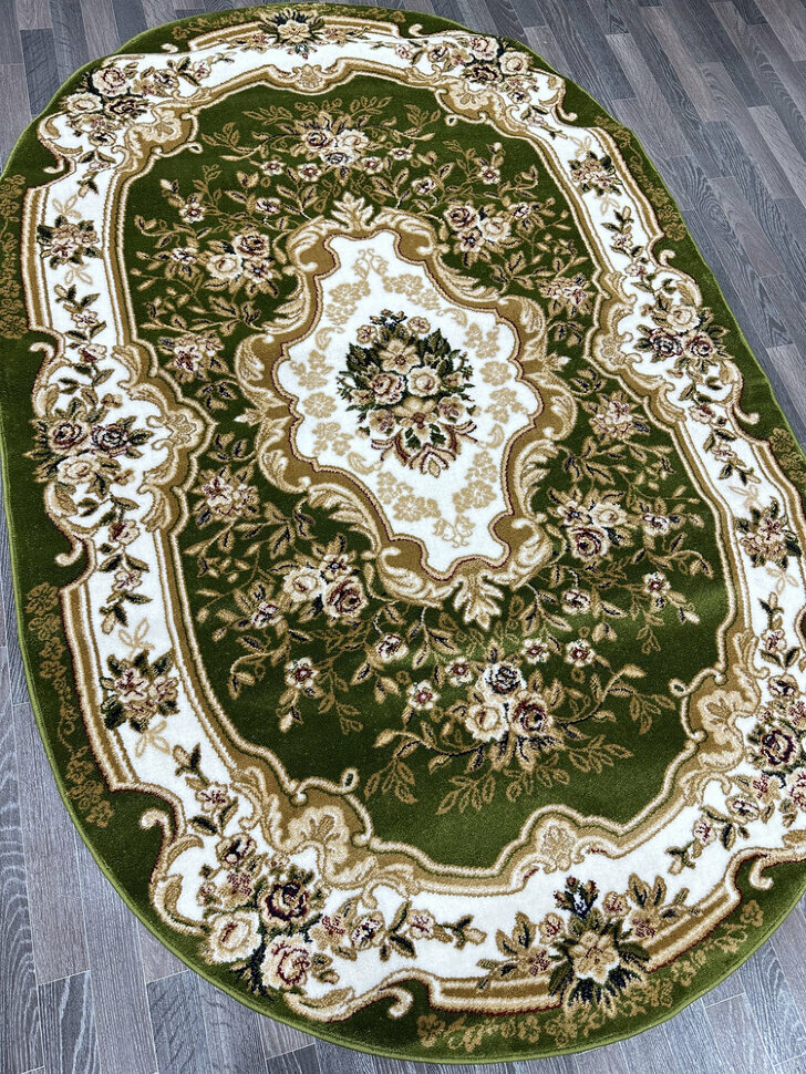 Ковер, Овал, Зелёный, Белый, Золотисто-бежевый, Классический, Винтажный, Роскошный, на пол, в гостиную, спальню, в ассортименте (60 см. на 110 см.)