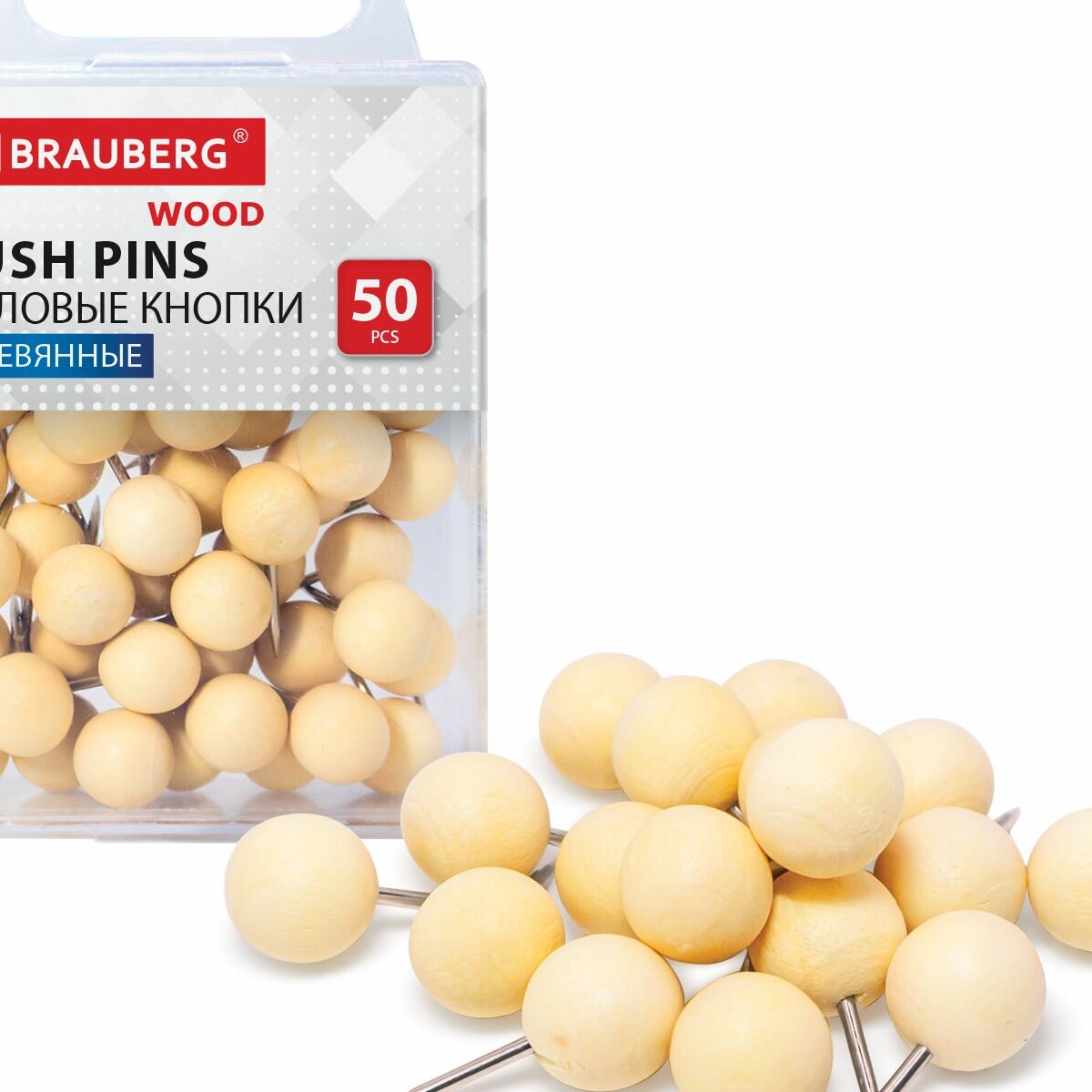 Кнопки силовые Brauberg Wood, деревянные (шарики), 50шт. (272761)